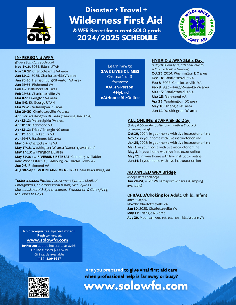 Wilderness First Aid WFA Course Schedule Flyer MEDIC SOLO